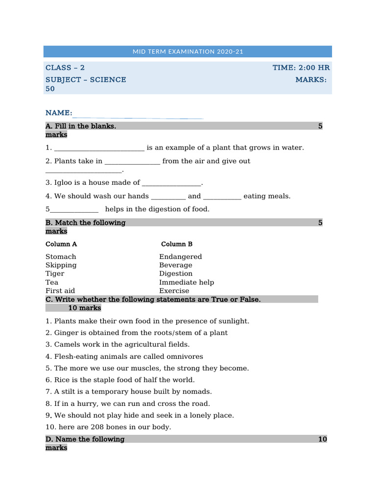 Class 2 Science Mid Term Exam 2020-21 | PDF | Foods | Cuisine