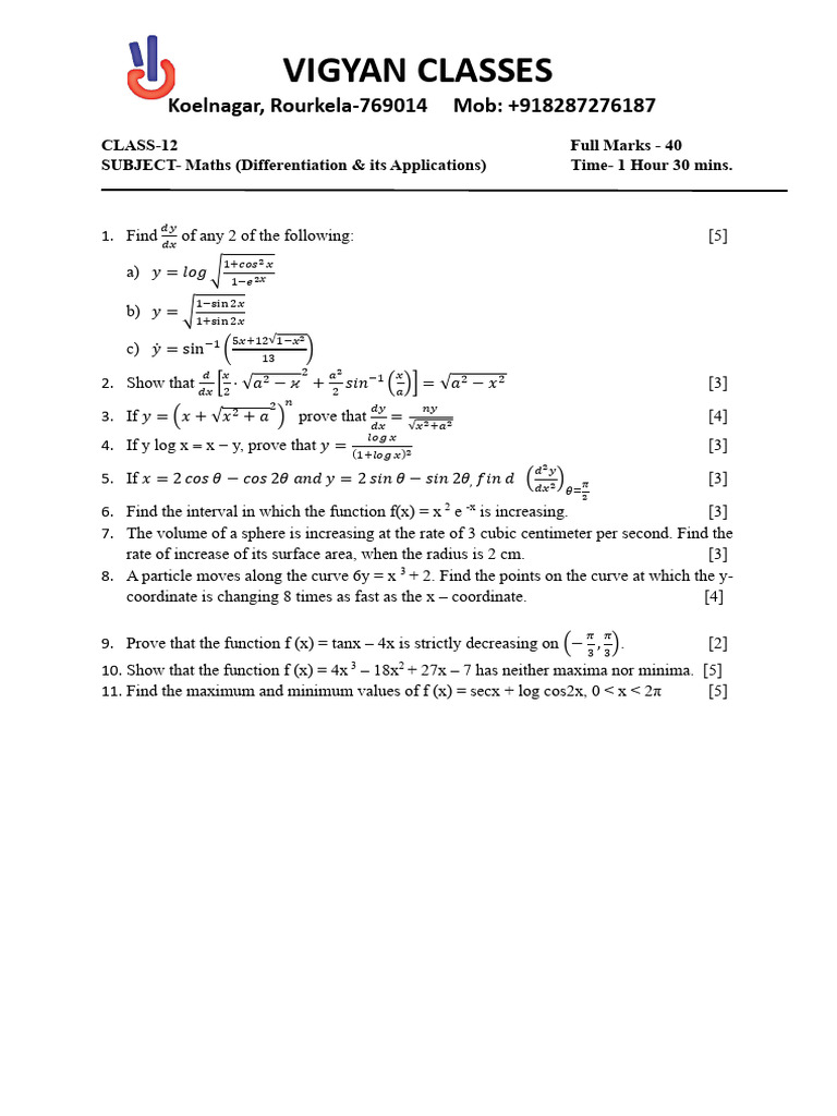 Differentiation and Its Application Test | PDF | Mathematics ...