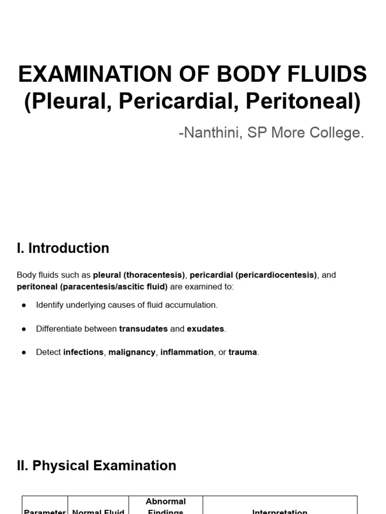 Examination of Body Fluids (Pleural, Pericardial, Peritoneal) | PDF ...