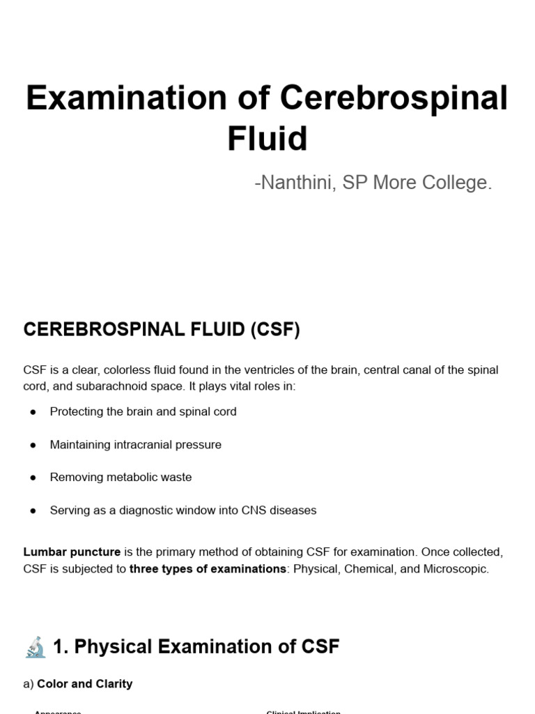 Examination of Cerebrospinal Fluid | PDF | Cerebrospinal Fluid | Meningitis