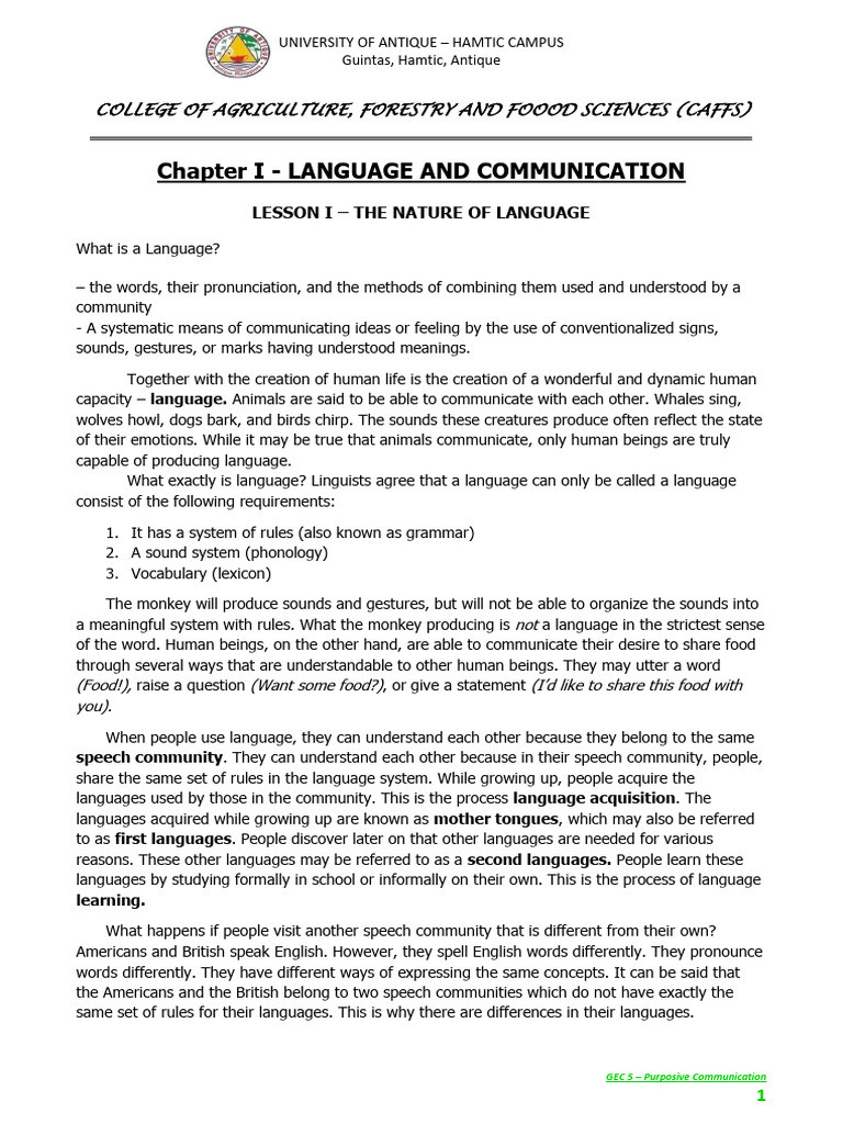 Chapter 1 Language and Communication | PDF | Communication | Public Speaking