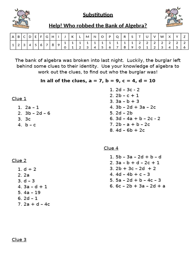 Year 7 Algebra Substitution Clues | PDF