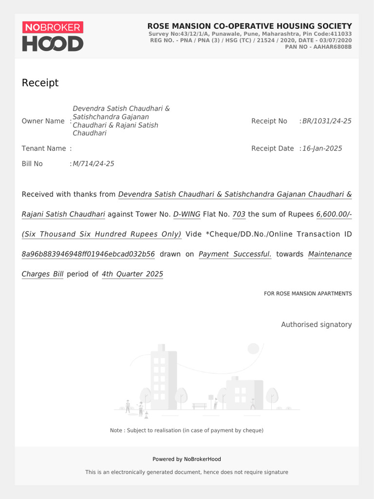 Rose Mansion Housing Society Receipt | PDF