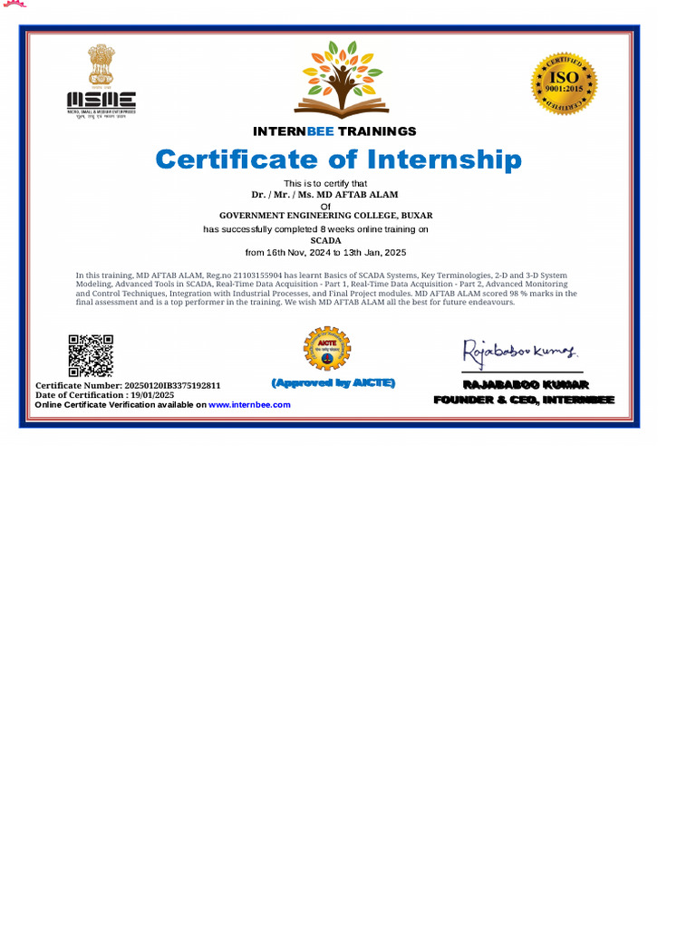SCADA Training Certificate for MD Aftab Alam | PDF