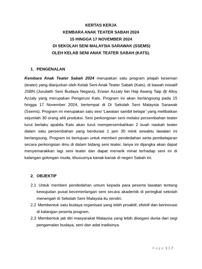 final KERTAS KERJA Kembara Anak Teater Sabah 2024 (untuk tujuan penajaan) | PDF