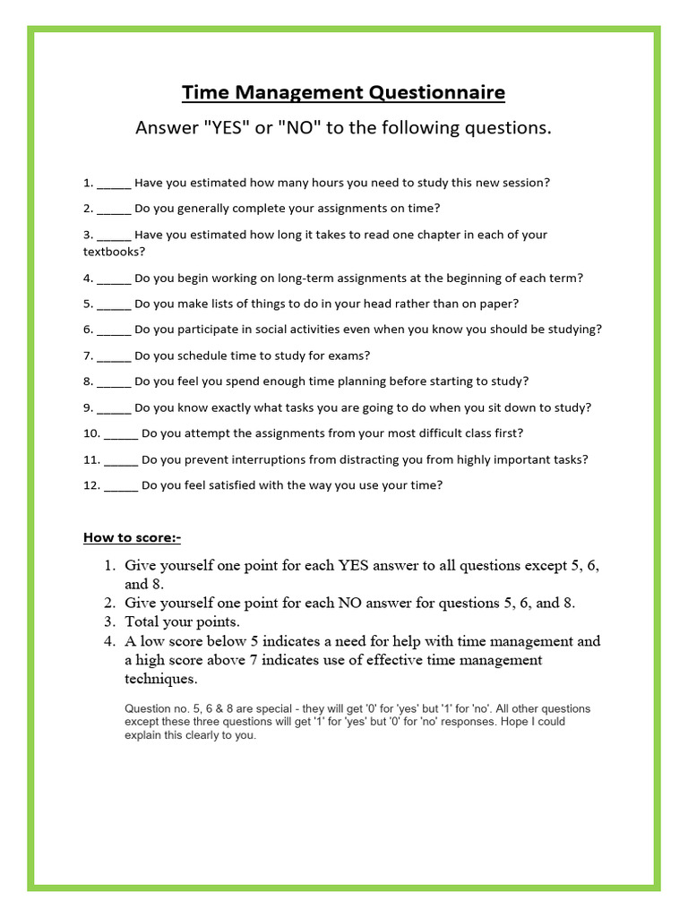 Time Planning Questionnaire | PDF