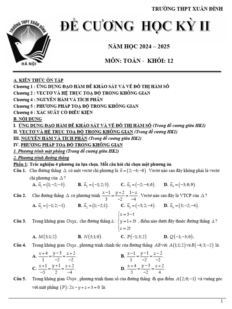 De Cuong Hoc Ky 2 Toan 12 Nam 2024 2025 Truong THPT Xuan Dinh Ha Noi | PDF