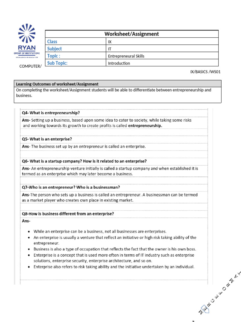 Worksheet Ryan Format Xi Entrepreneurship - Ic1293086 | PDF