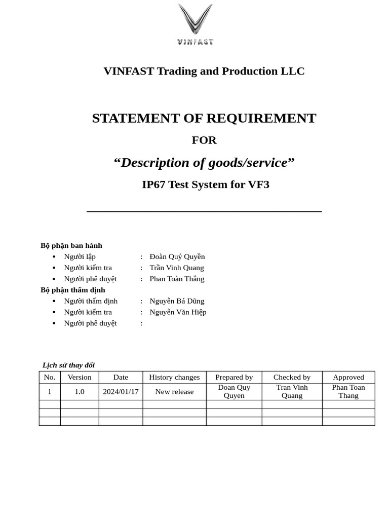20240118_SOR_IP67 Test System for VF3 | PDF