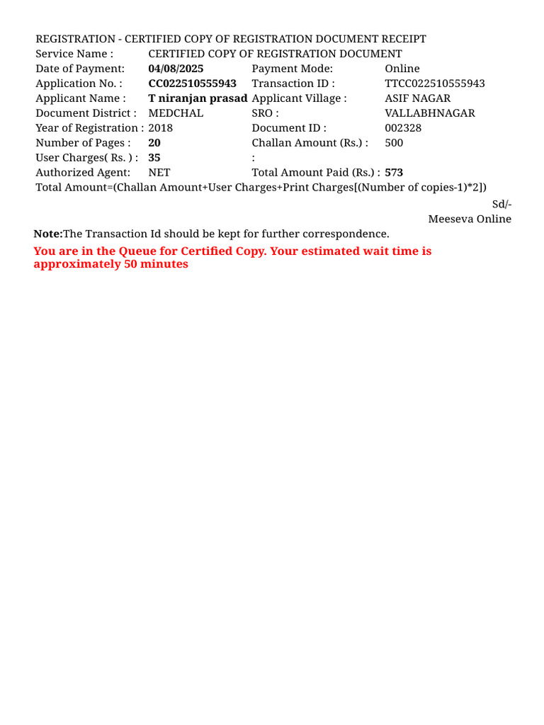 Certified Copy Registration Receipt | PDF