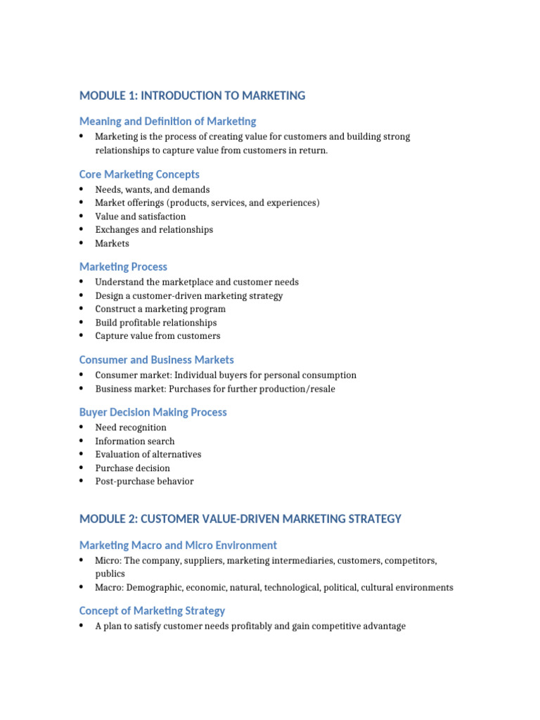 Marketing Revision Notes Module1 to 5 (1) | PDF | Marketing | Pricing