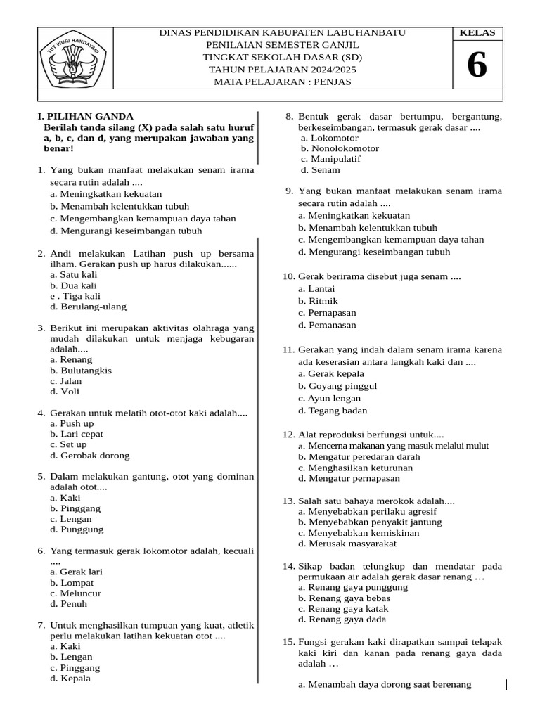 Soal Kelas 6 Mapel Penjas | PDF