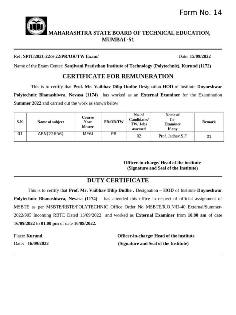 Form No. 14 MRS | PDF | Career And Technical Education