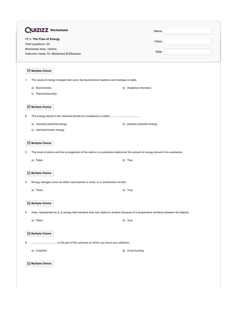 Energy Flow and Thermochemistry Worksheet | PDF | Heat Capacity | Heat