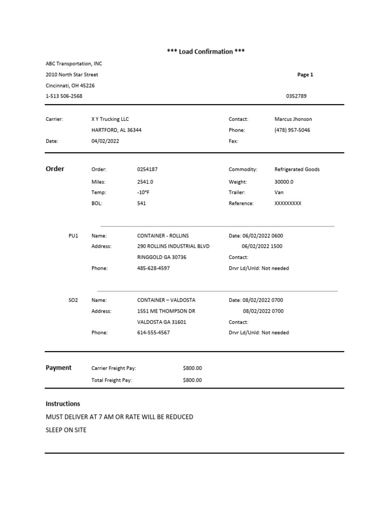 Load Confirmation sample | PDF | Consumer Goods | Wheeled Vehicles