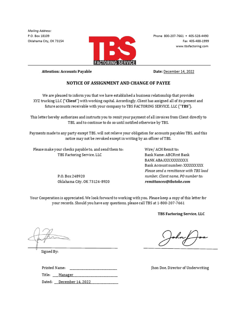 Notice of Assignment for Trucking Payments | PDF