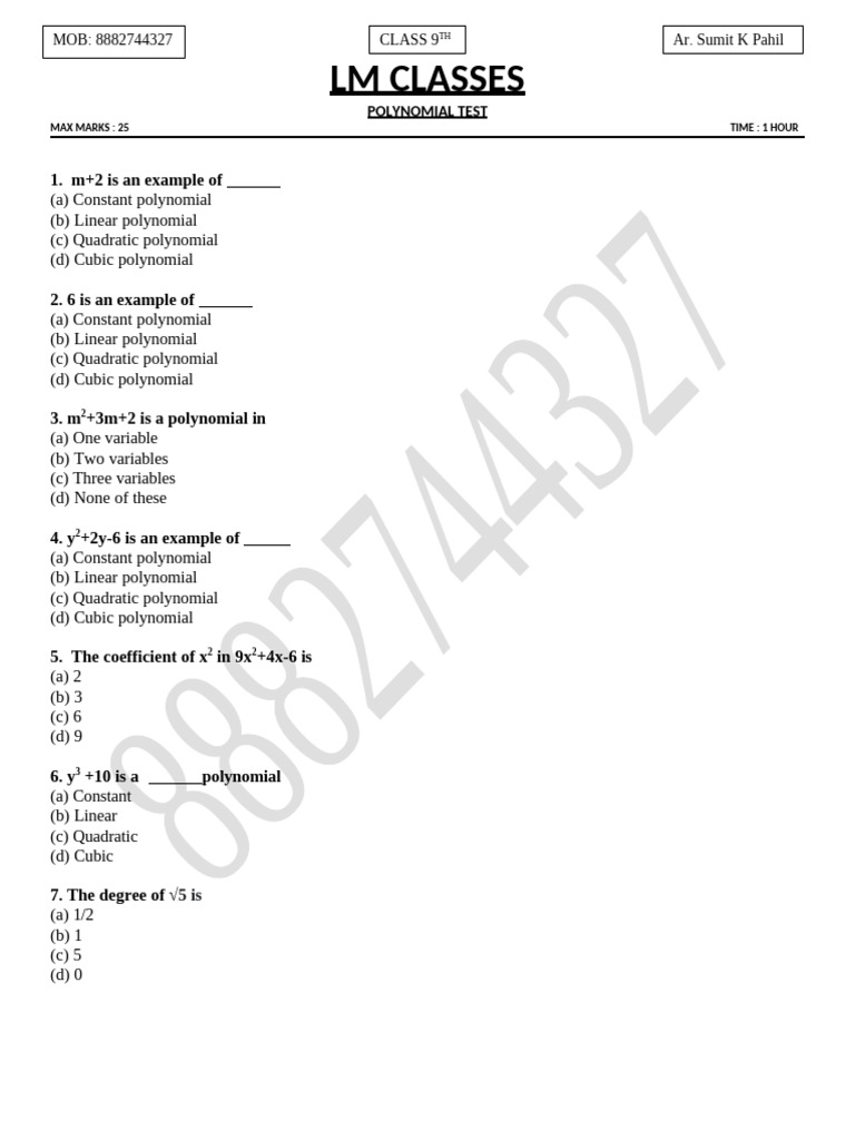 Class 9 Maths Chapter 2 Polynomials MCQs | PDF | Polynomial | Algebra