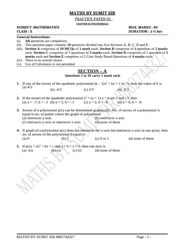 Maths Class X Chapter 02 Polynomials Practice Paper 02 Answers 1 | PDF ...