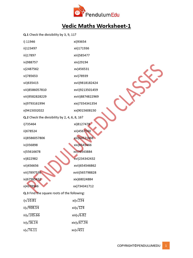 Vedic Maths Worksheet by PendulumEdu Classes | PDF