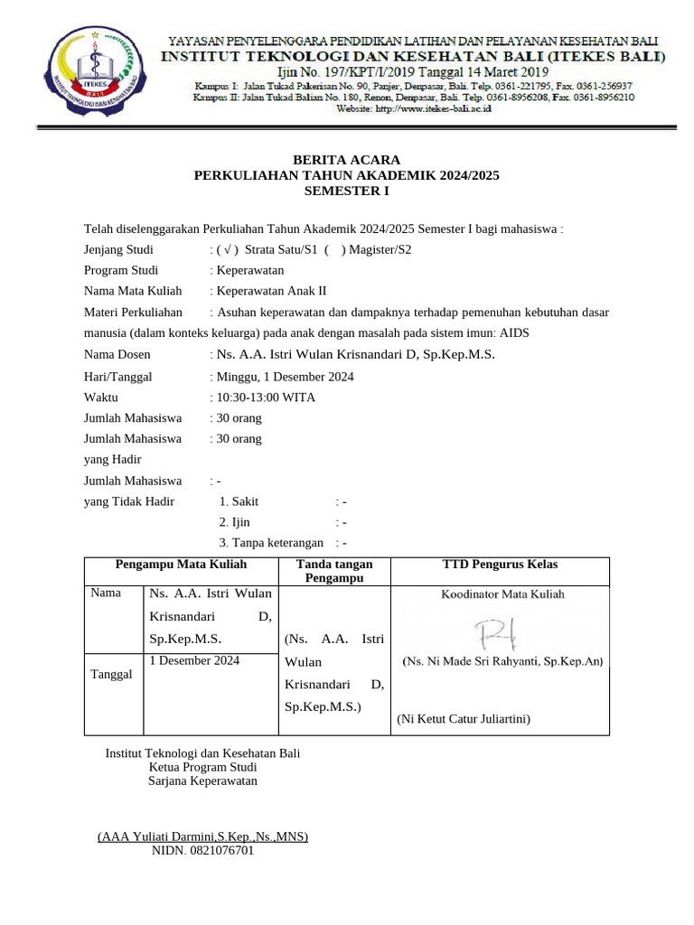BERITA ACARA PERKULIAHAN_ KEPERAWATAN ANAK / | PDF