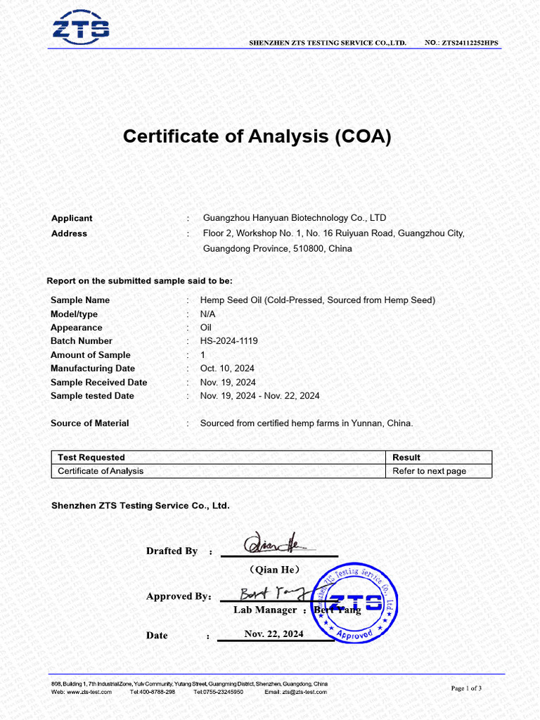 Certificate of Analysis (COA) ZTS24112252HPS | PDF | High Performance ...