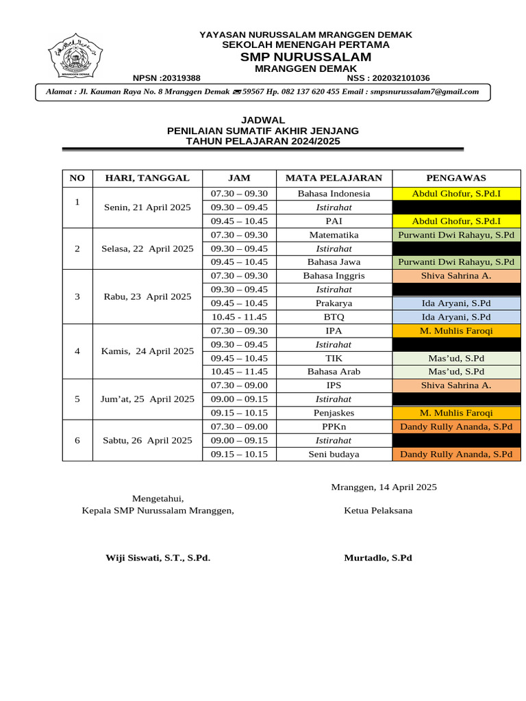 JADWAL PENGAWAS UJIAN SEKOLAH | PDF