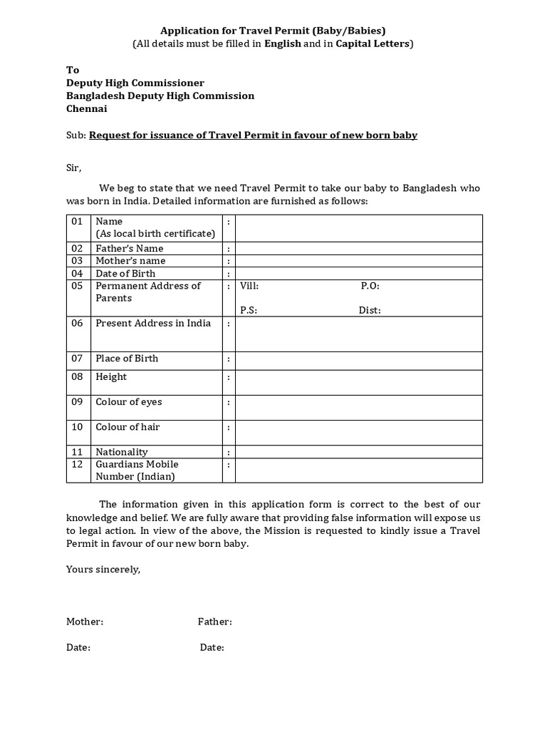 Travel Permit TP Application Form Baby | PDF