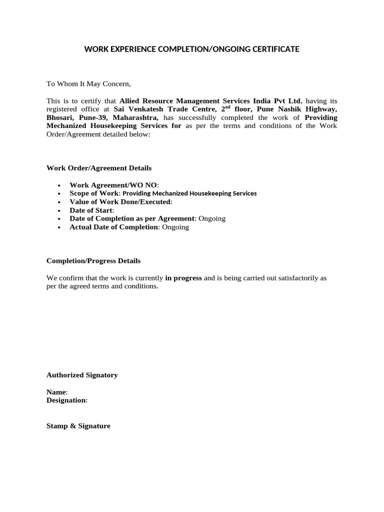 Work Completion Certificate Draft | PDF