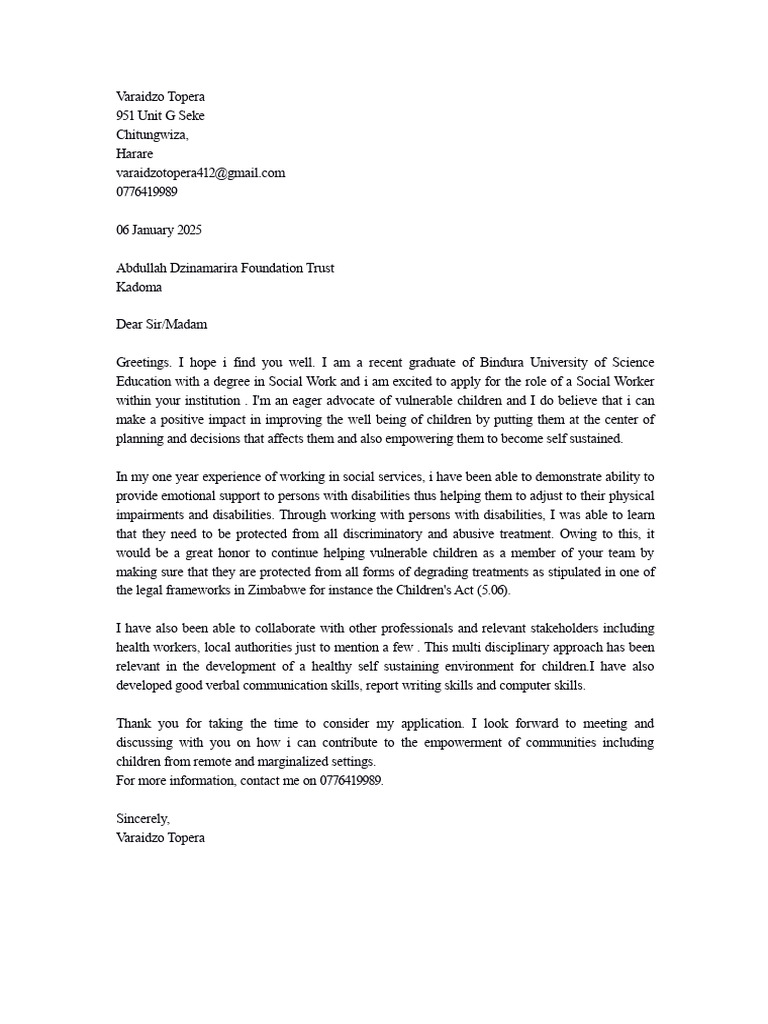 Application Letter Abdullah Dzinamarira Foundation Trust 1 | PDF