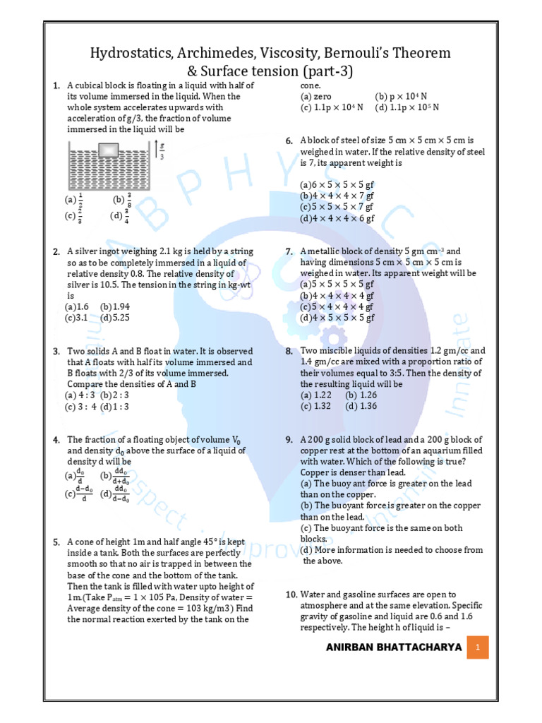 A B Class Xi Part 3 Hydrostatics, Archimedes, Viscosity, Bernouli's | PDF | Density | Surface ...