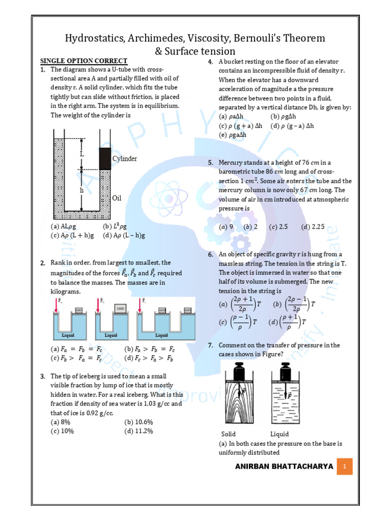 A B Class Xi Part 2 Hydrostatics, Archimedes, Viscosity, Bernouli's | PDF | Liquids | Pressure