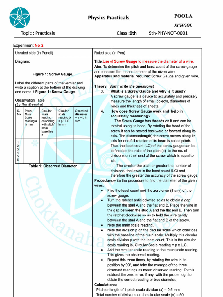 Physics 9th Lab Experiment - 2 Screw Gauge | PDF