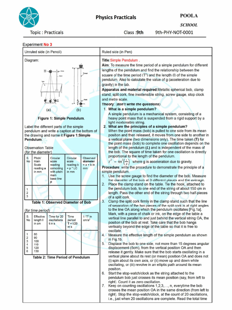 Physics 9th Lab Experiment - 3 Simple Pendulum | PDF