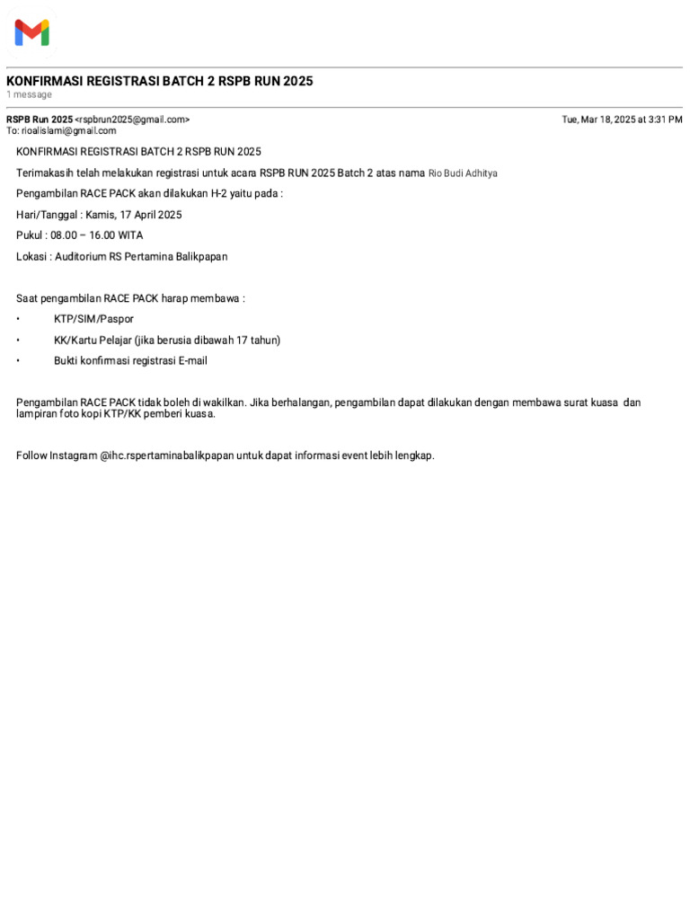 Gmail - KONFIRMASI REGISTRASI BATCH 2 RSPB RUN 2025 | PDF