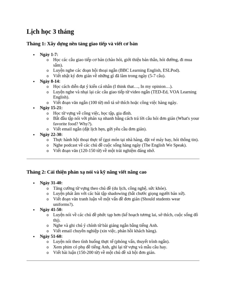Lịch Học 3 Tháng | PDF