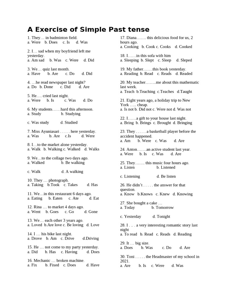 Simple Past Tense Exercises | PDF