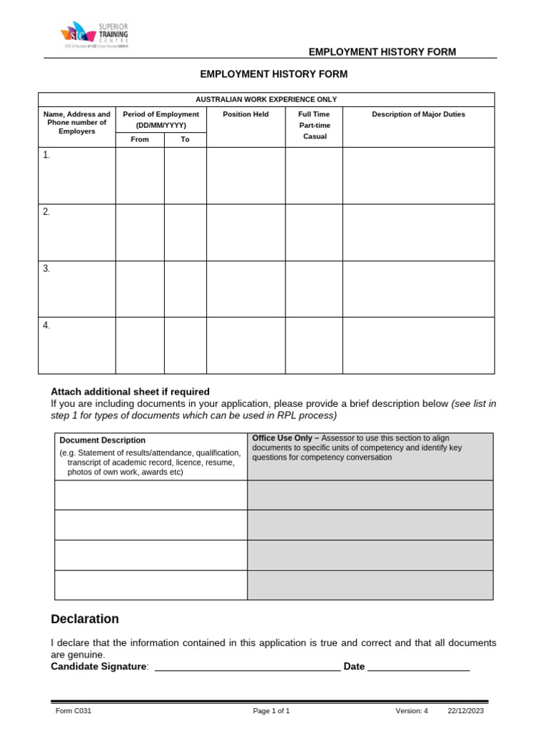 C031 Employment History Form | PDF