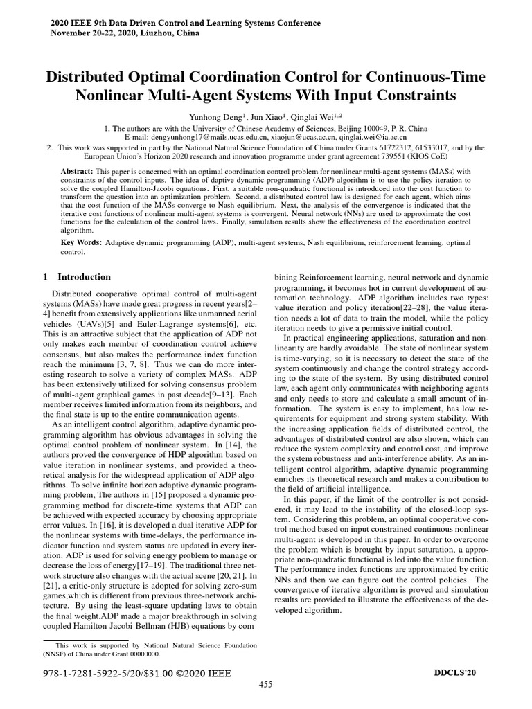 Distributed Optimal Coordination Control For Continuous-Time Nonlinear ...