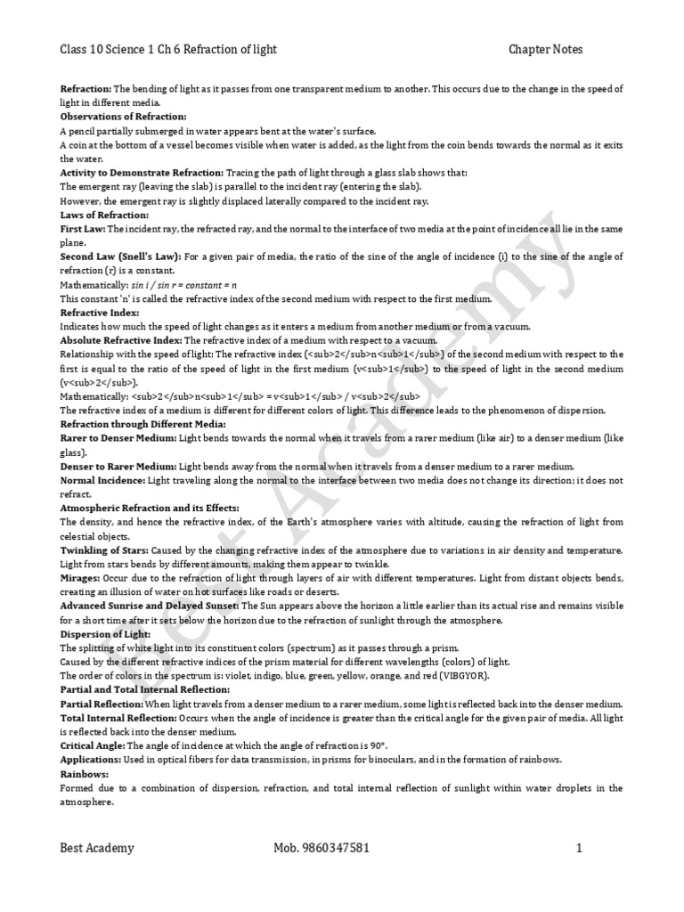 Class 10 Refraction of Light Notes | PDF | Refraction | Refractive Index