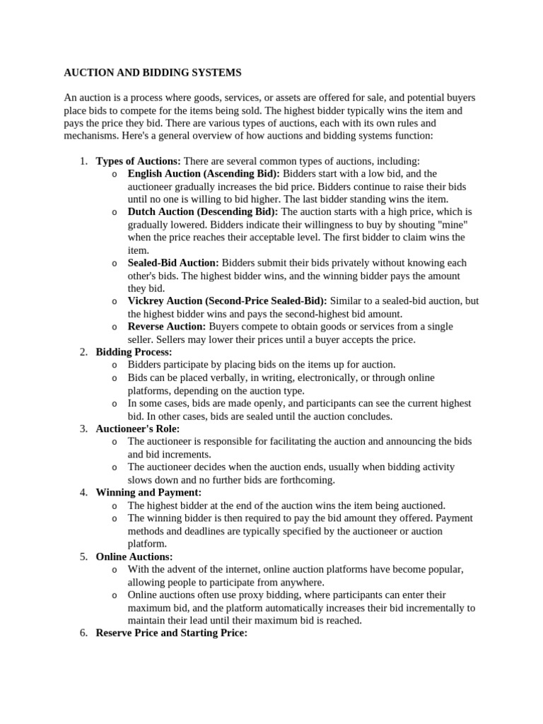 Auction and Bidding Systems | PDF | Auction | Market (Economics)