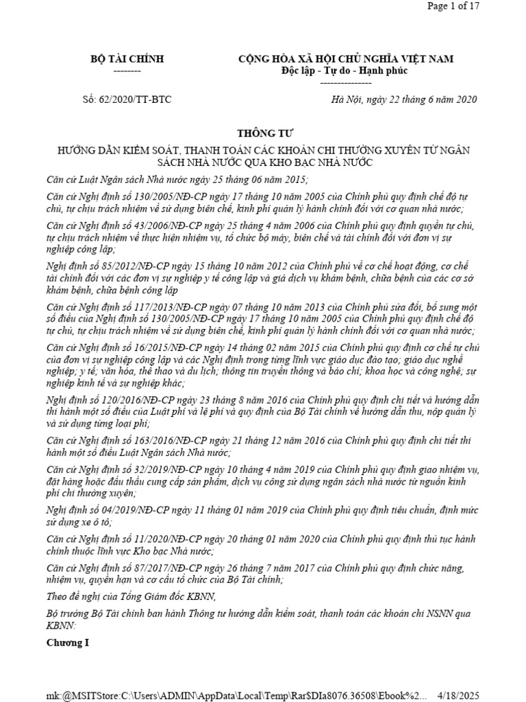 TT 62 - 2020 - TT-BTC - Kiem Soat Chi Thuong Xuyen Tu KBNN | PDF