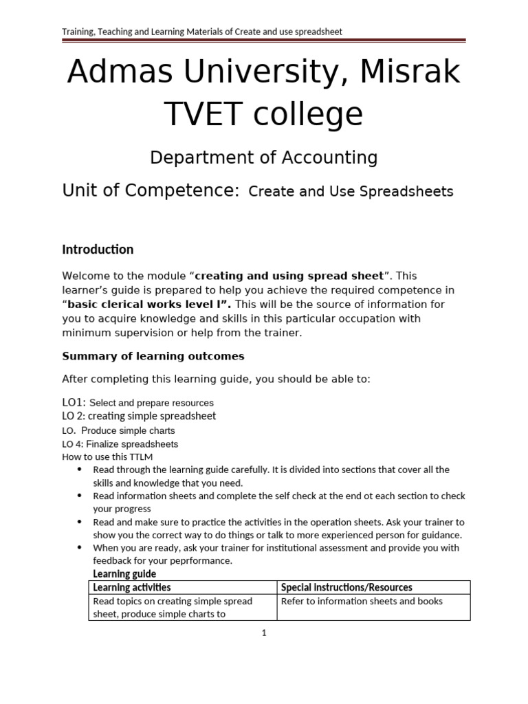 Create Spread Sheet TTLM For Basic Clerical Works | PDF | Microsoft Excel | Spreadsheet