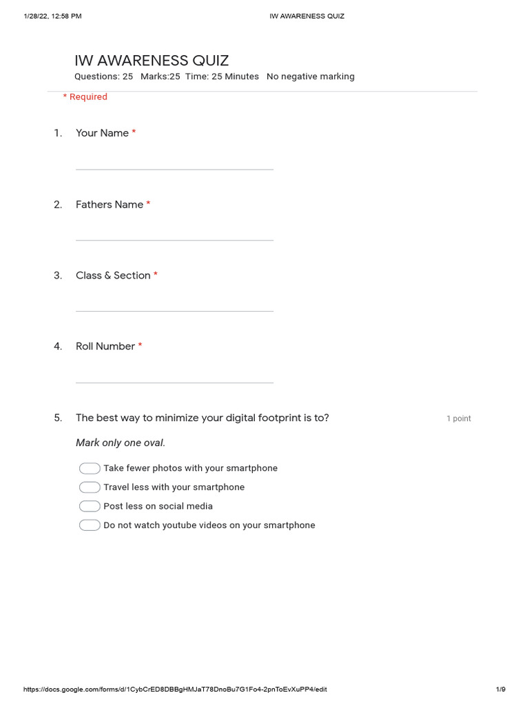 IW AWARENESS QUIZ - Google Forms | PDF | Computer Virus | Malware