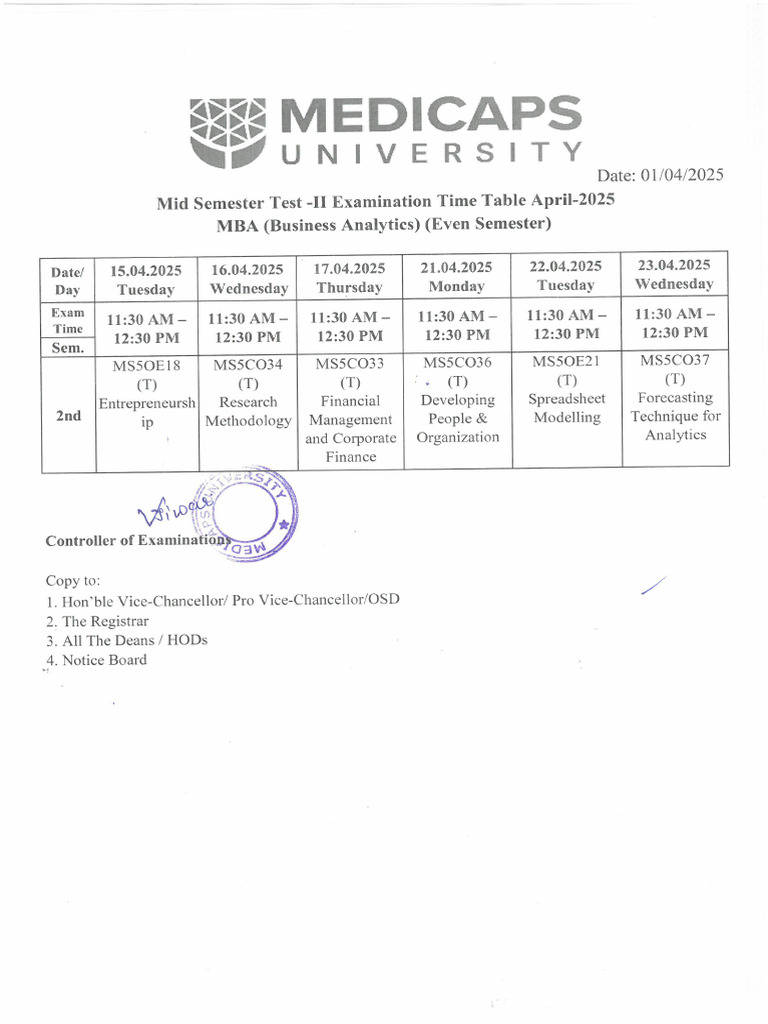 MBA Business Analytics (Even Semester) Time Table Mid Semester Test ...
