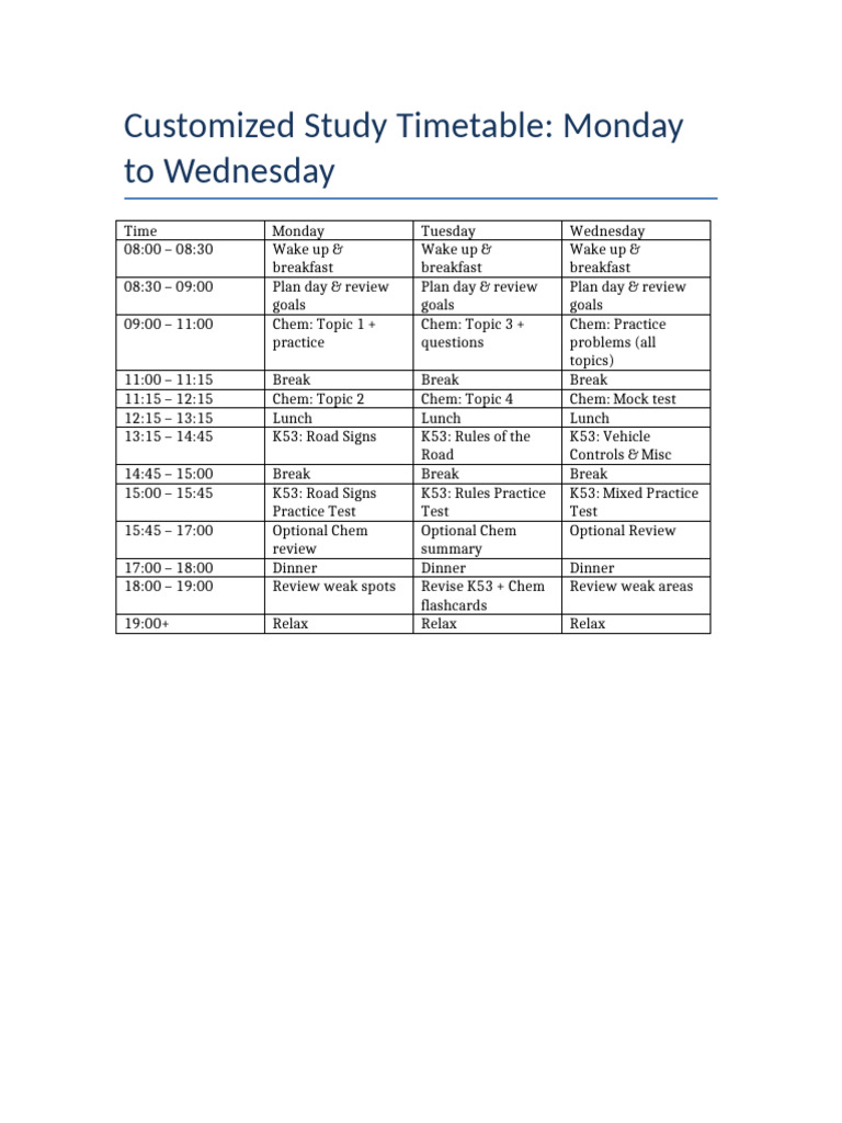 Customized Study Timetable | PDF
