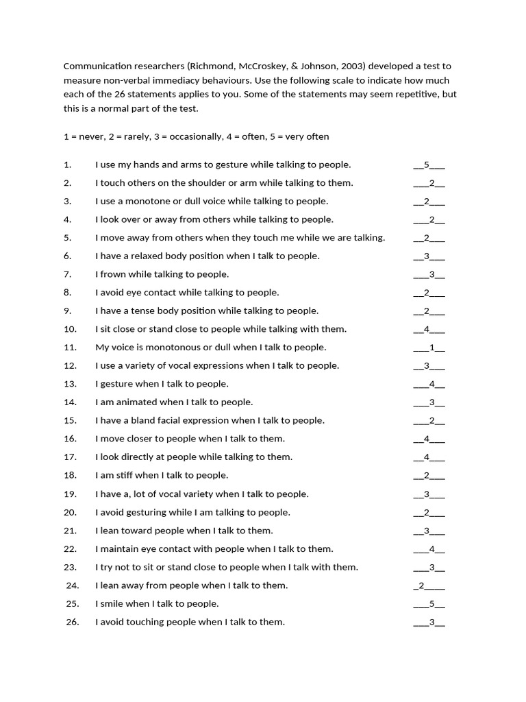 Week 6 WS2 Nonverbal Immediacy Test | PDF | Nonverbal Communication ...