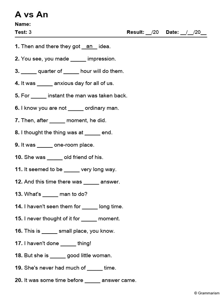 A vs An Usage Test Guide | PDF