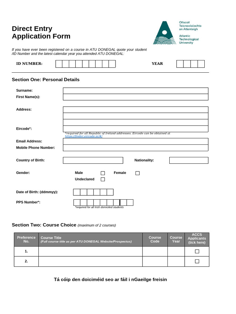 Direct Entry Application Form | PDF | University And College Admission ...