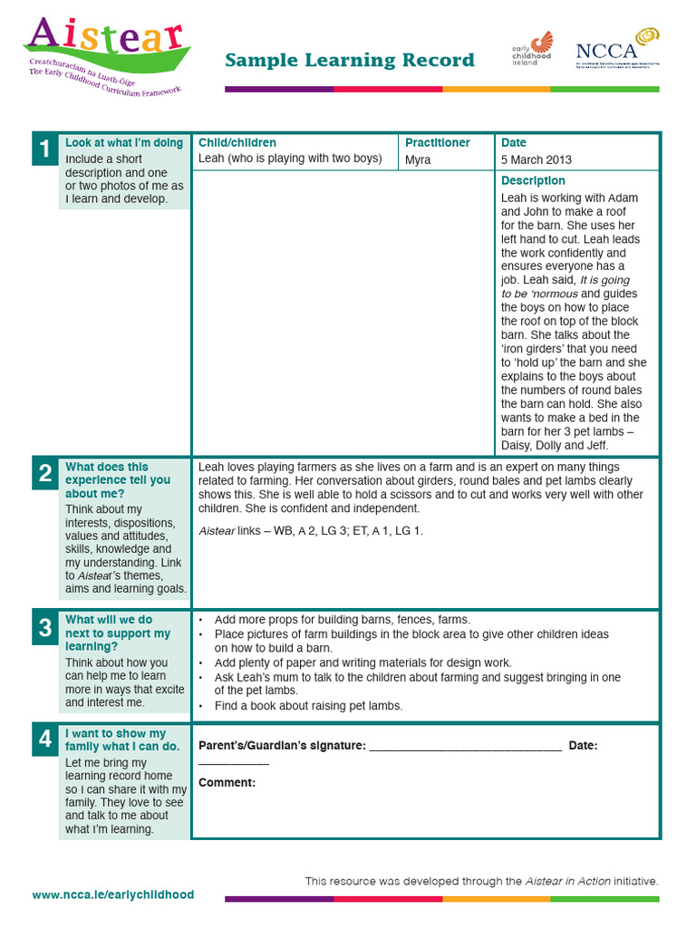 Aistear Learning Record Template | PDF | Learning