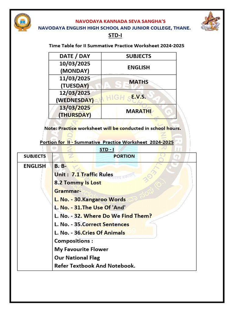 Time Table For II Summative Practice Worksheet 2024-2025: Navodaya English High School and ...